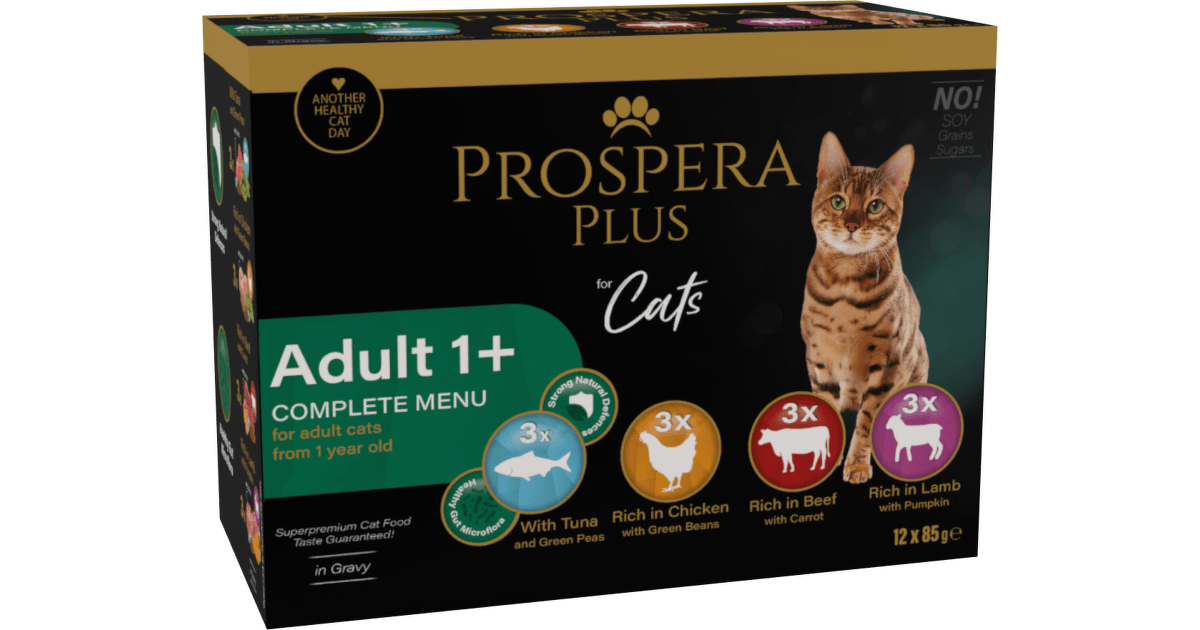 Konservi kaķiem Prospera Plus, Cat Pouch Adult 1+, Mix, 12 x 85 g ...